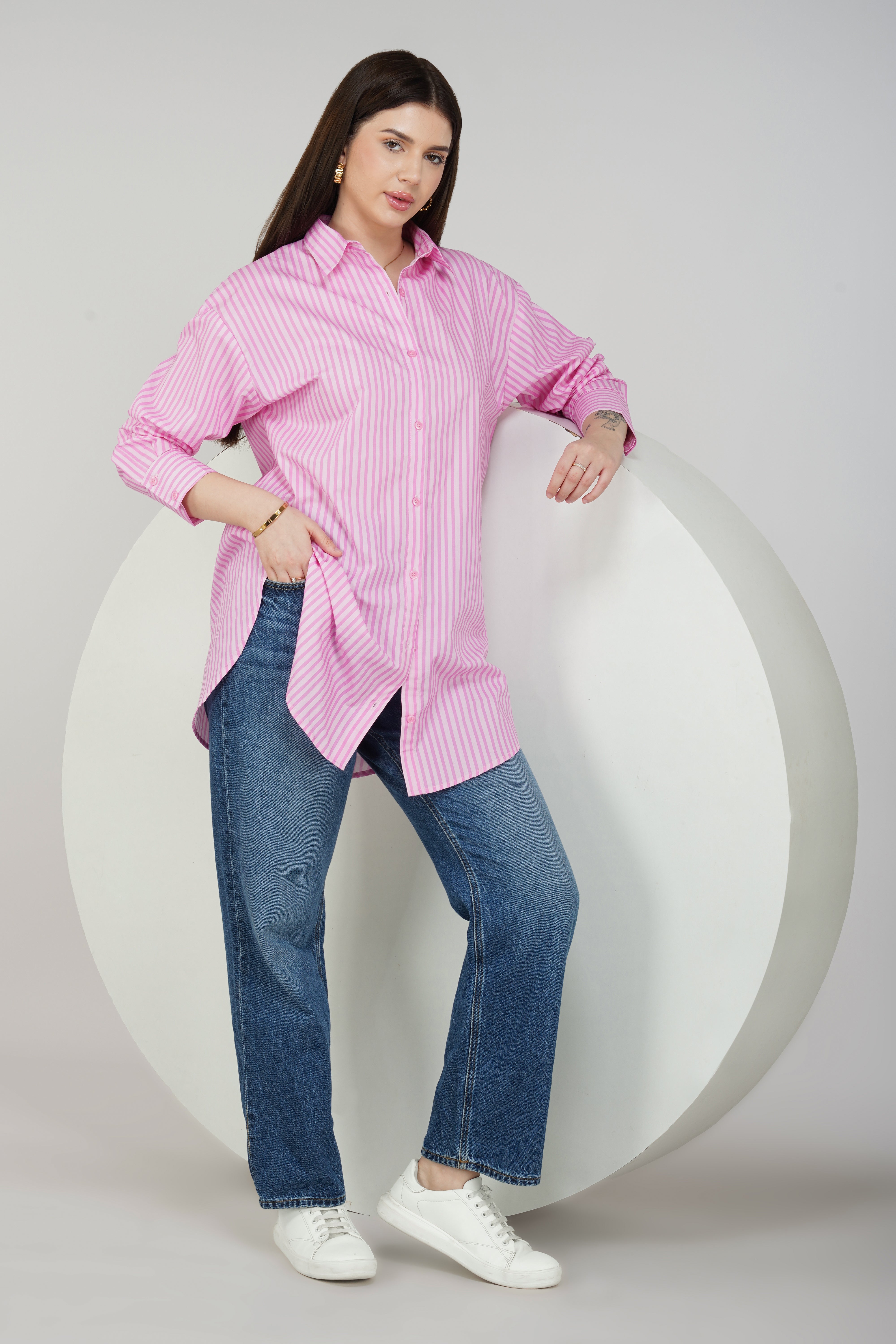 Candy Stripe Longline Cotton Shirt - Women's Stylish Relaxed Fit ...